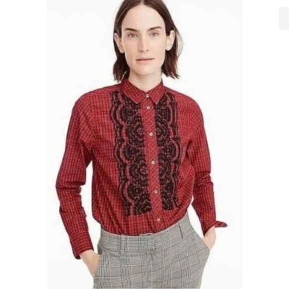J. Crew | Tops | J Crew Boy Shirt In Red Black Lace Embellished Plaid ...